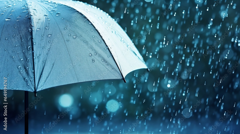 Transparent umbrella under heavy rain against water drops splash ...