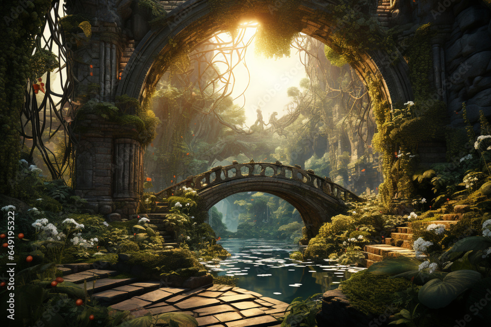 Fantasy forest landscape with stone ruins and bizarre vegetation at a ...