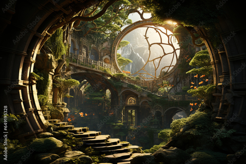 Fantasy forest landscape with stone ruins and bizarre vegetation at a ...
