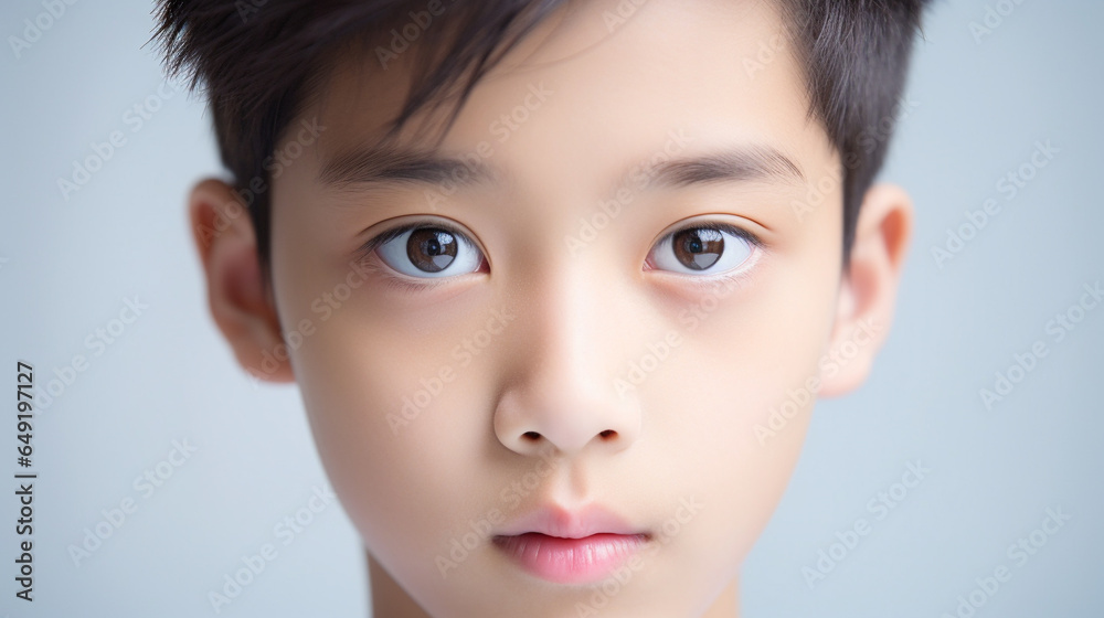 A closeup photo portrait of a beautiful young asian chinese model teen boy looking forward ...