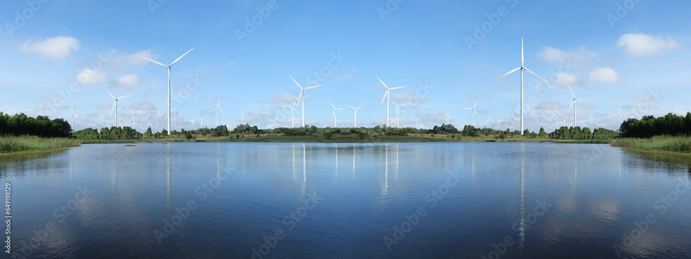Panoramic view of powerful wind turbine farm for pure energy production ...