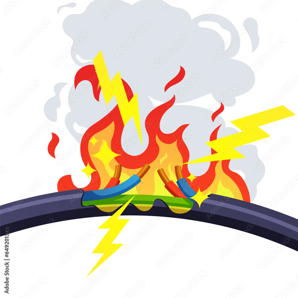 Burning cable vector.Broken cable wire , short circuit burning ...