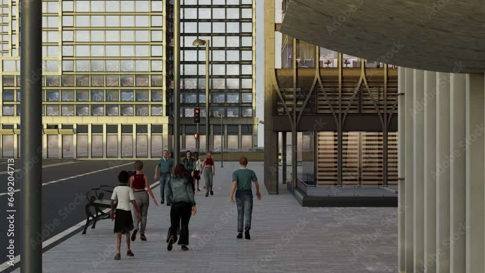 people walking on a sidewalk. 3d animation of people walking down a ...