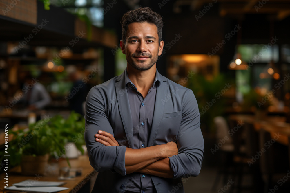 Handsome indian male office employee standing with his arms crossed ...