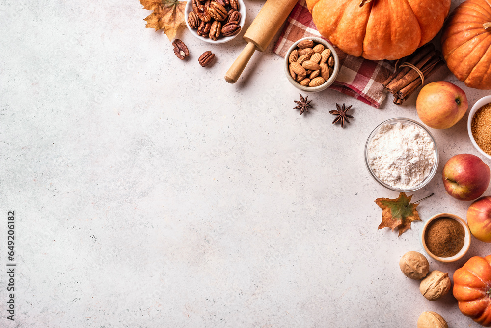 Autumn baking background with pumpkins, apples and nuts Stock Photo ...