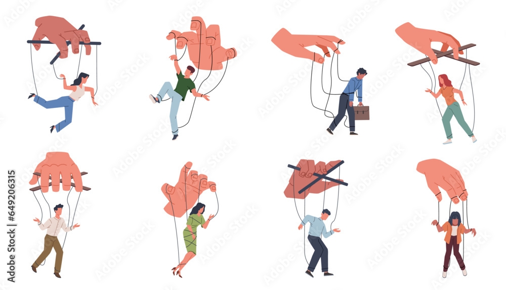 Cartoon puppets people. Persones manipulating process, flat characters ...