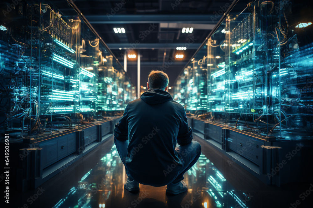 Man, engineering computer and server room, data center and portrait for ...