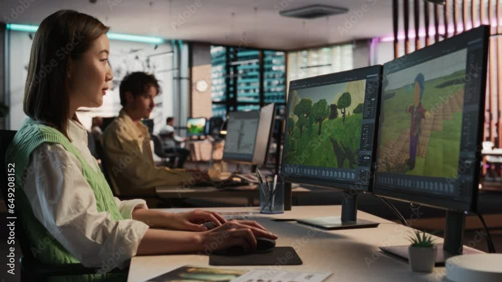 Female Asian Game Designer Using Desktop Computer, Designing Unique ...