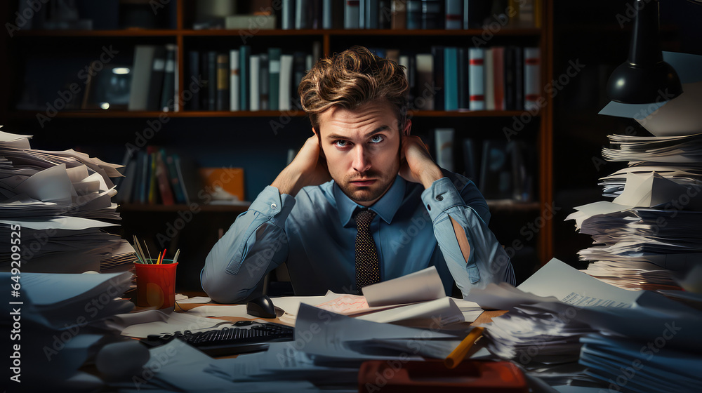 Young sad man work at desk at office, with a pile of papers and reports ...