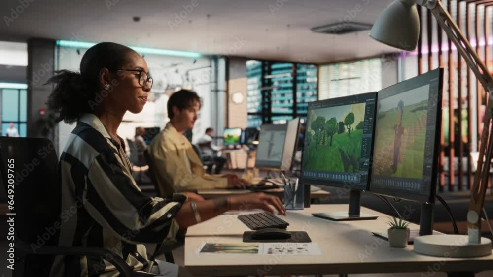 Female Black Game Developer Using Desktop Computer, Designing Unique ...