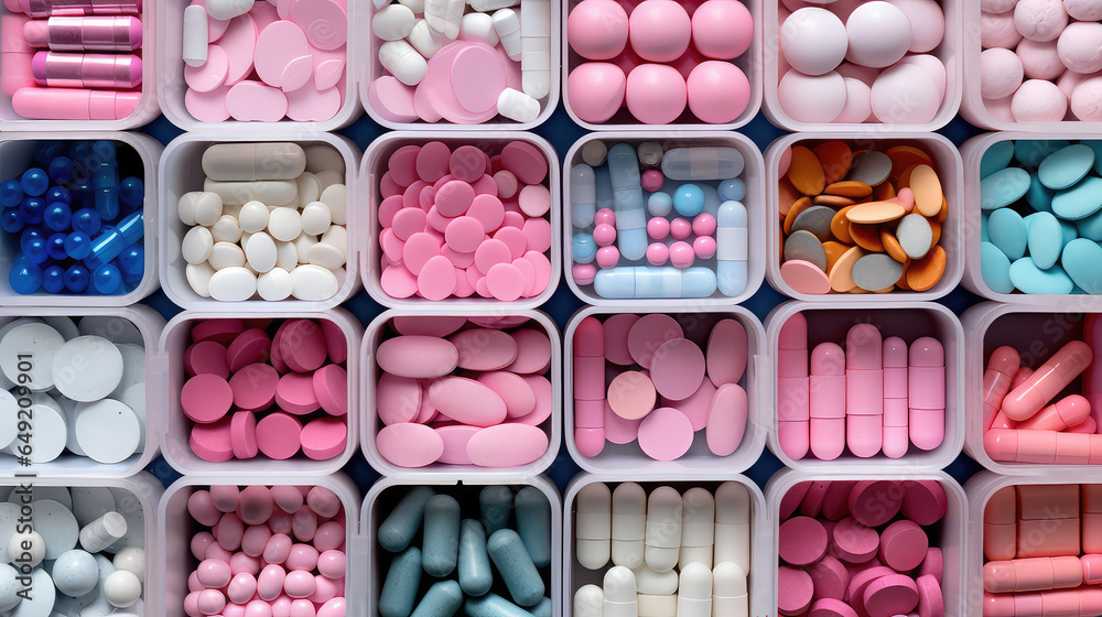 Top view of various pills and a bunch of medical capsules in a pillbox ...