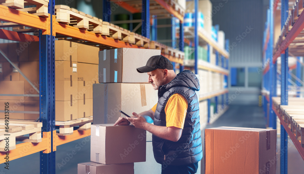 Storage specialist. Man with phone inspects boxes. Employee storage at ...
