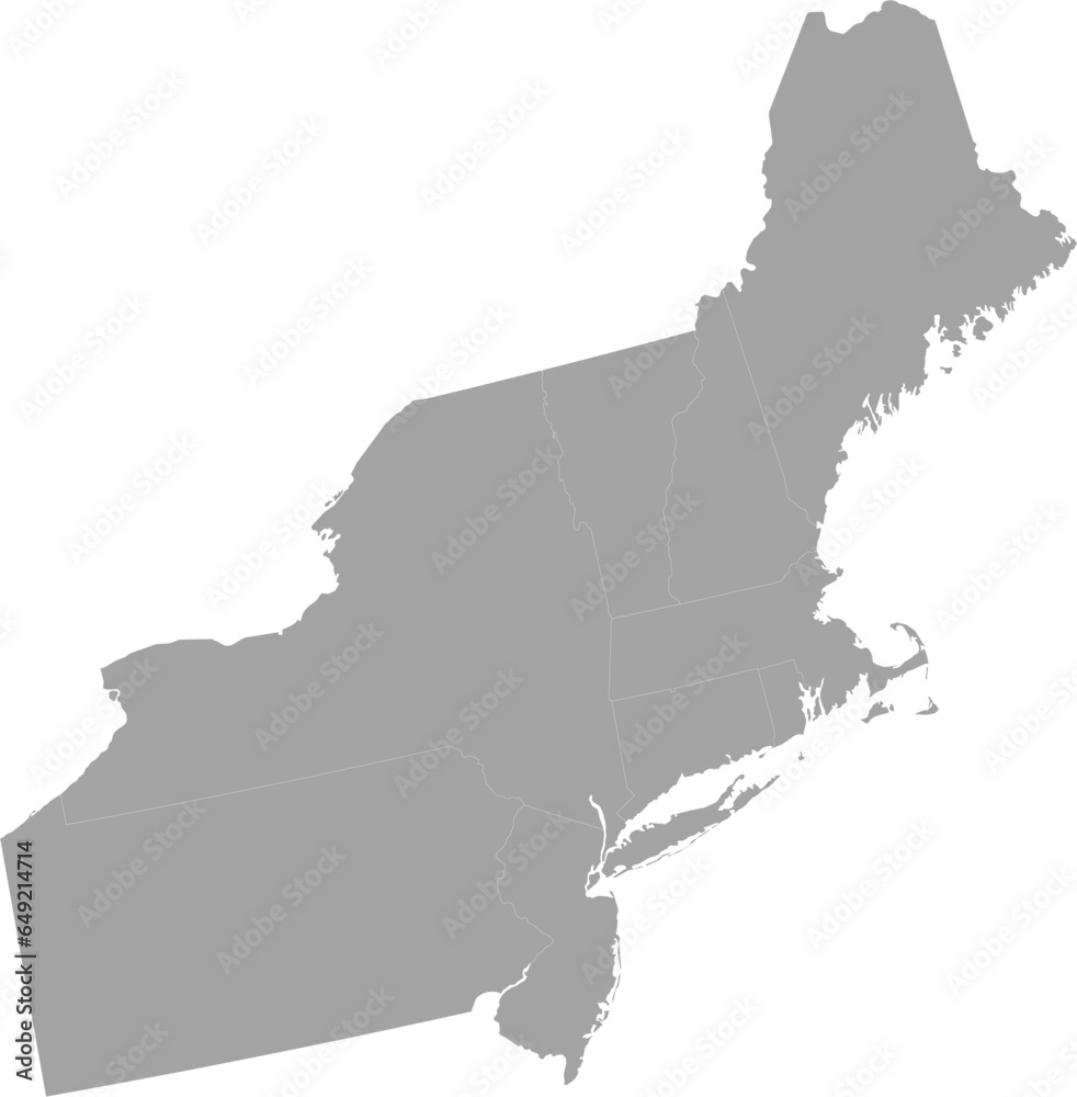 Gray Map of US federal states of Northeast region of United States of ...