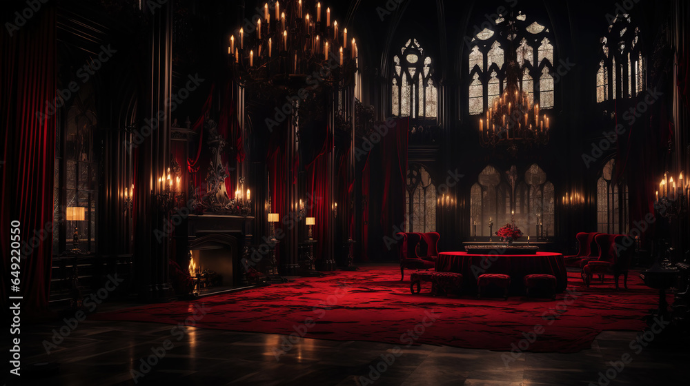 Vampire Dracula castle interior, victorian red furnitures. Halloween ...