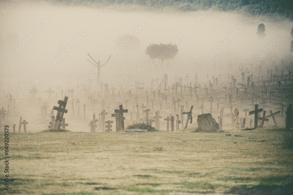 Haze in morning over Sad Hill Cemetery in Burgos, Spain Stock Photo ...