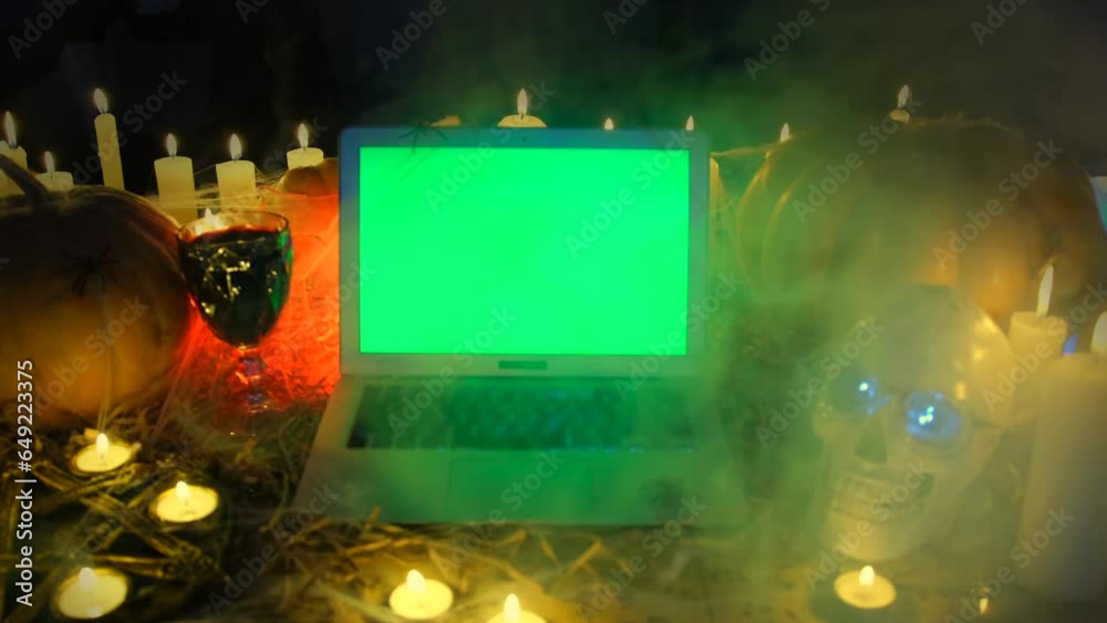 Halloween time, in smoke crypt vampire, glass of blood and laptop with ...