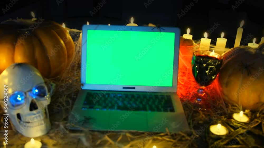 Zooms in shot, creepy vampire crypt laptop with chromakey screen ...