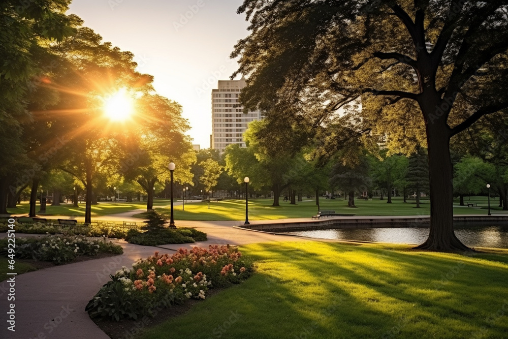 A city park's serene beauty during a golden-hour sunset, illustrating ...