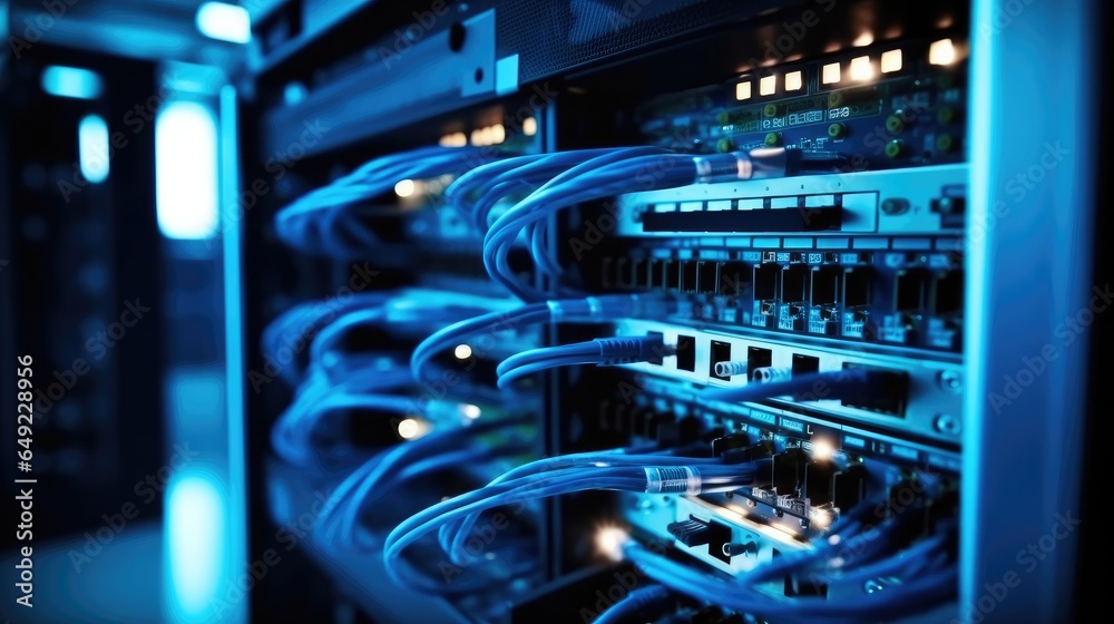 Internet cables and wires in server room with switch in company on the ...