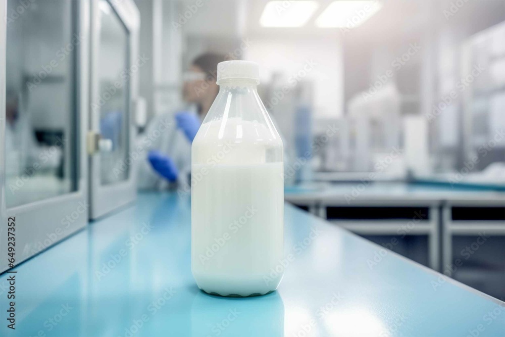 Milk glass bottle standing in laboratory. Concept for lab grown milk ...