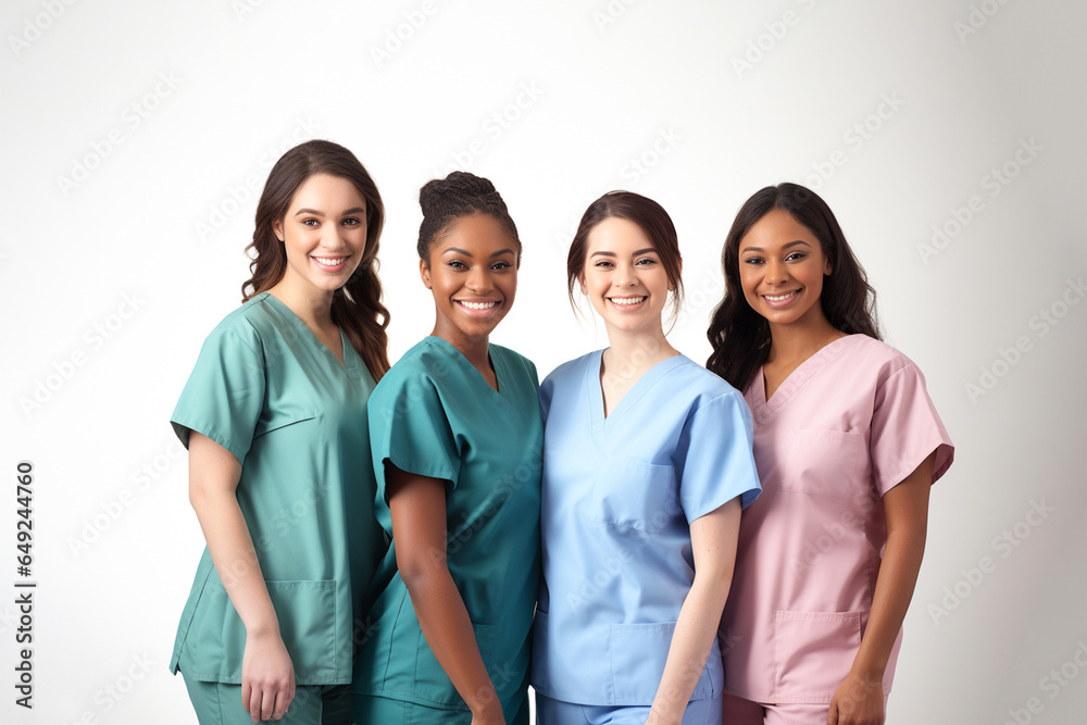 Female nurses of different ethnicity, smiling. On white background ...