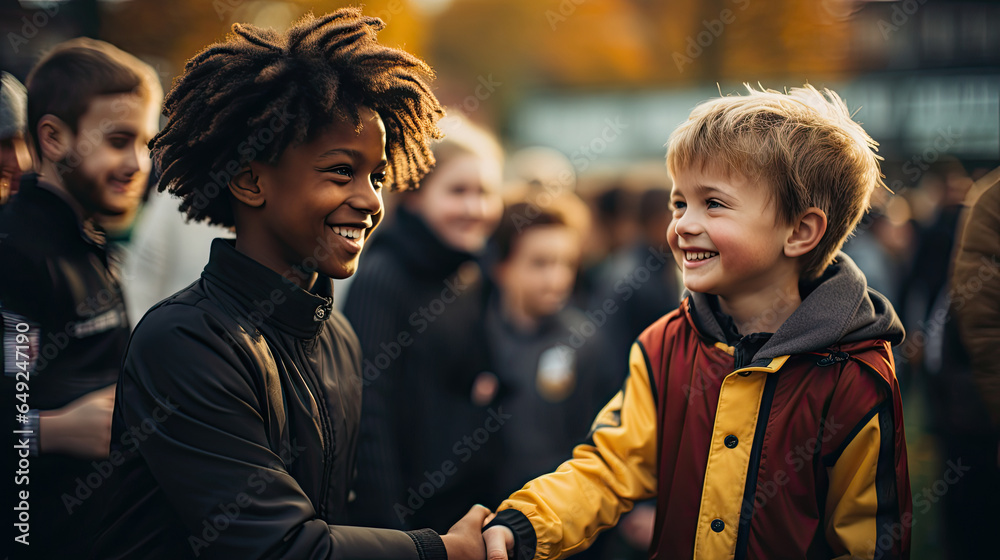 Two children handshaking to each other for joining agreement to compete ...