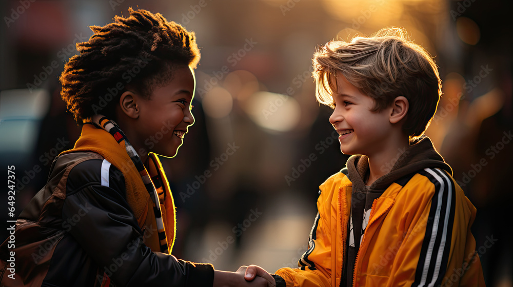 Two children handshaking to each other for joining agreement to compete ...