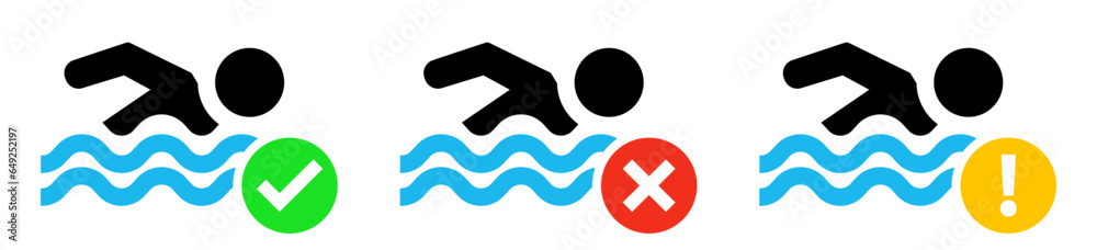 Swimmer symbol with checkmark ,cross and exclamation point icon ...