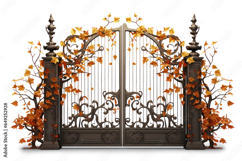 closed forged gates braided with autumn leaves, png file of isolated ...