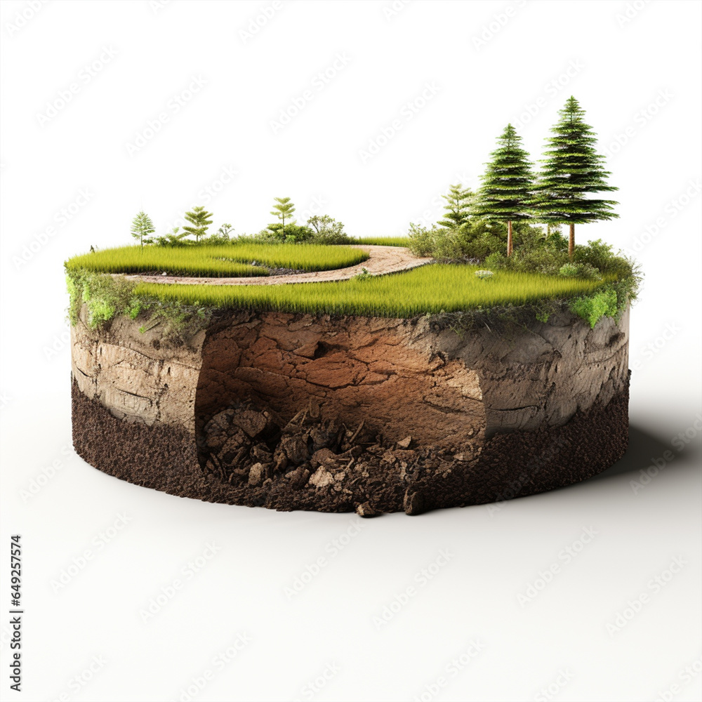 3D Illustration round soil ground cross section with earth land and ...