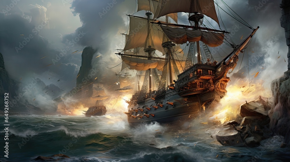 Sea battle between rival pirate crews, with cannons blasting and the ...