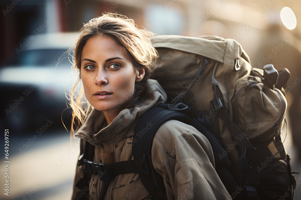 A portrait of a female soldier carrying her gear as she leaves her home ...