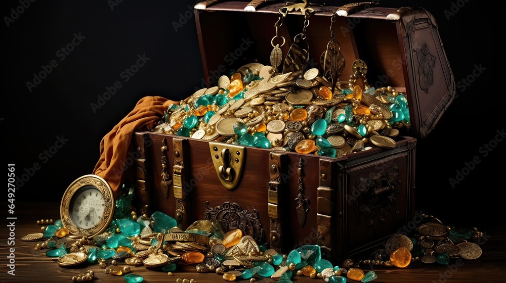 Wooden pirate chest bursting with radiant jewels and gleaming doubloons ...