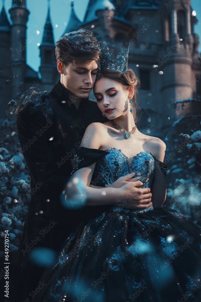 Prince and princess in a winter castle tenderly embrace each other ...