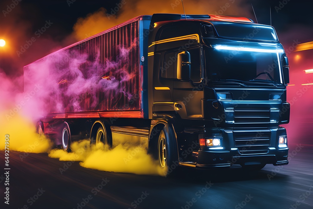 Modern truck on dark black background with smoke. Truck in the smoke ...