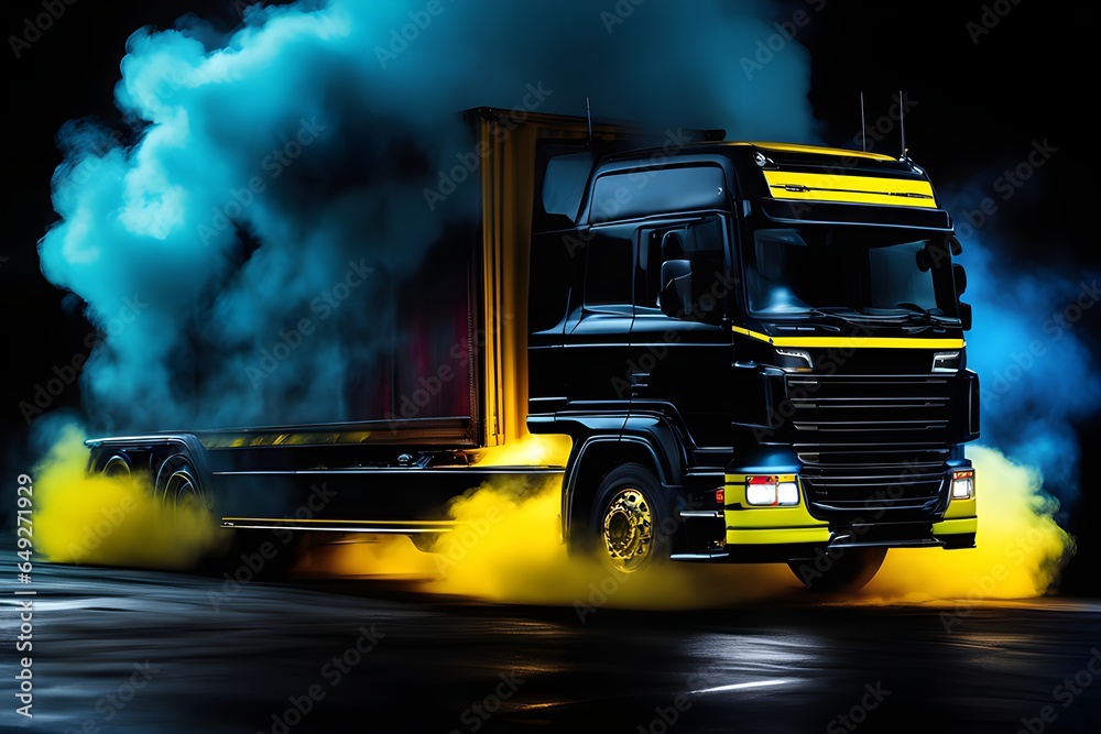 Modern truck on dark black background with smoke. Truck in the smoke ...
