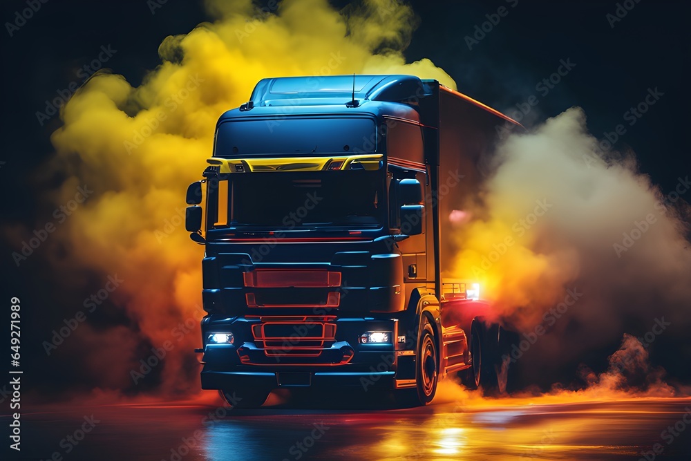 Modern truck on dark black background with smoke. Truck in the smoke ...