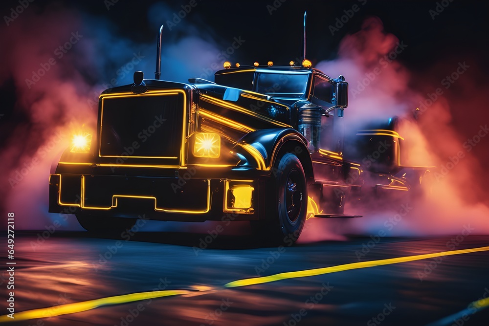 Modern truck on dark black background with smoke. Truck in the smoke ...