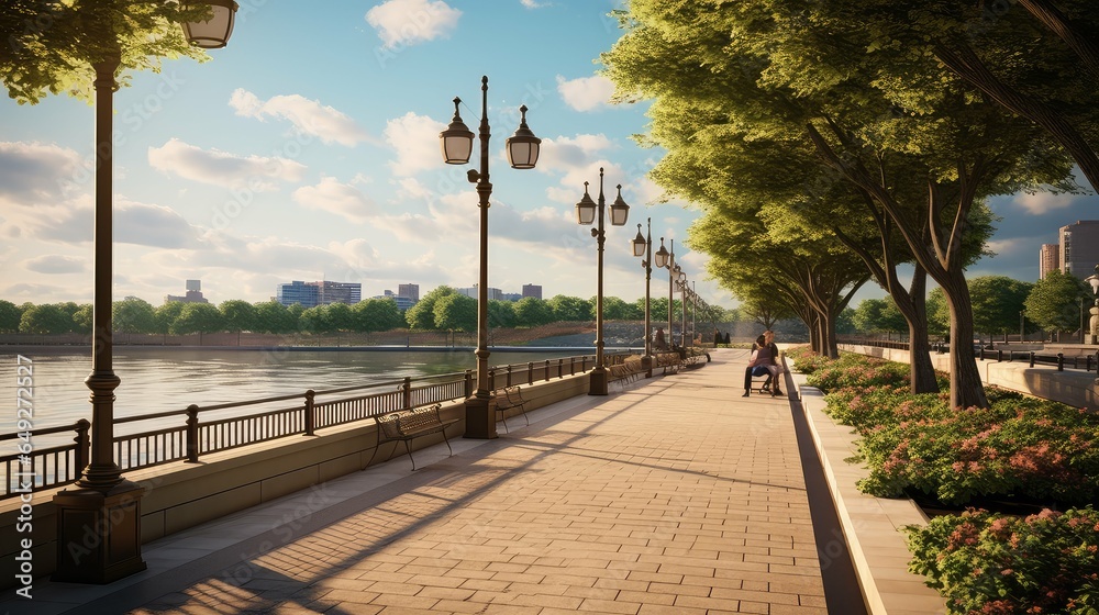 river city riverfront walk illustration architecture urban, scape ...