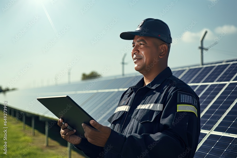 Installation of solar panels. An engineer with a tablet PC stands on ...
