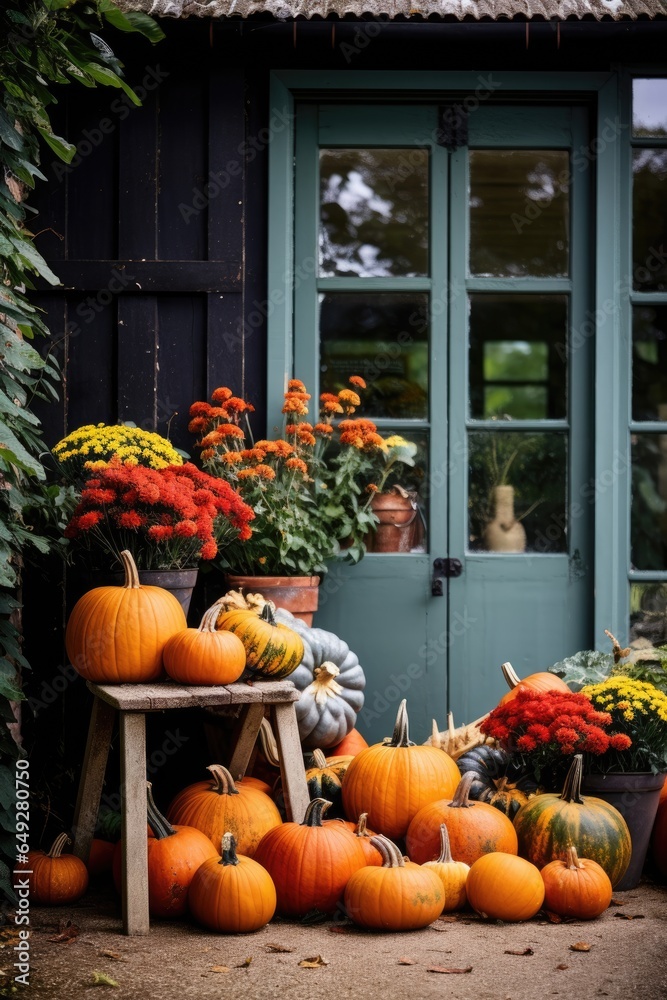 Fall pumpkins on the porch of farm house. Autumn scenery Stock Photo ...