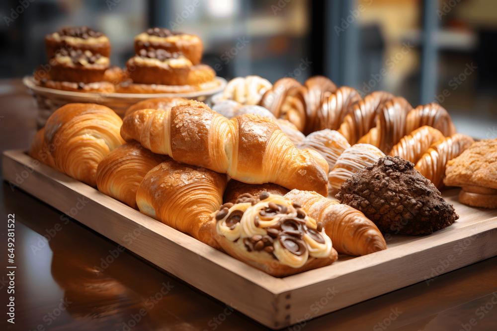 Varity of pastries and bread in wicker basket on modern bakery shop ...