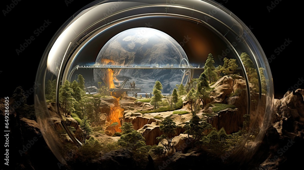 Space biodome that meticulously simulates Earth's ecosystems, offering ...