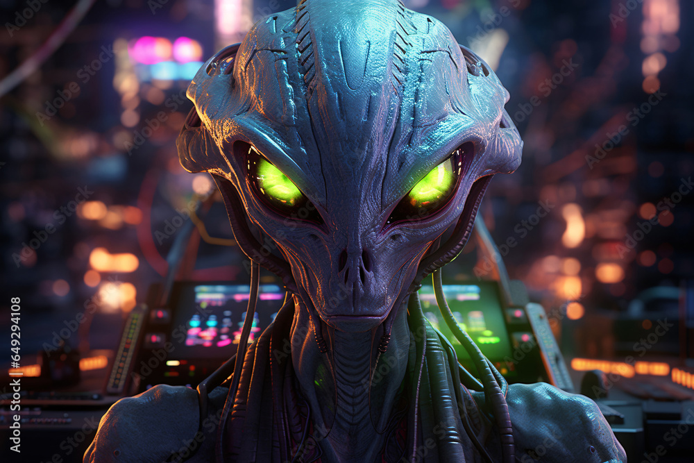 Gray alien with a neon lit face in a spaceship. Humanoid creature ...