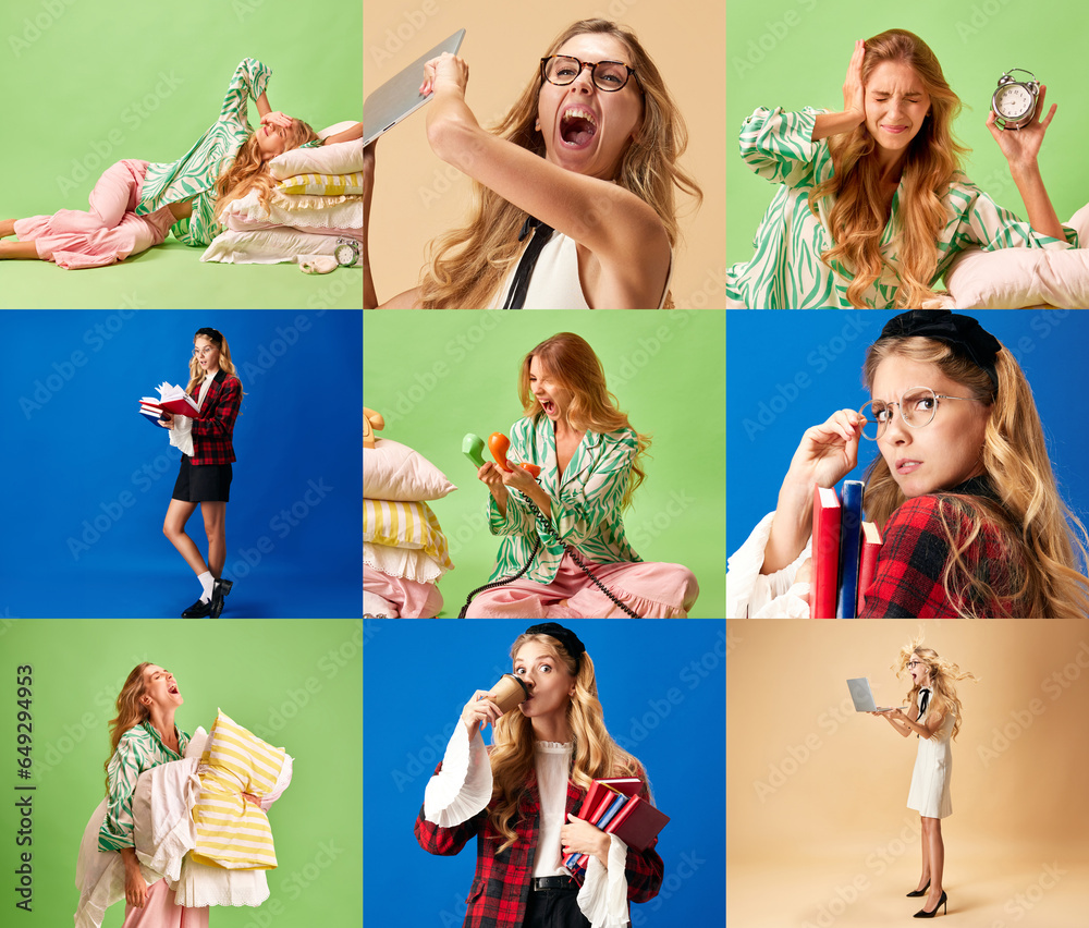 Collage made of portrait of pretty young girl in different fashion ...