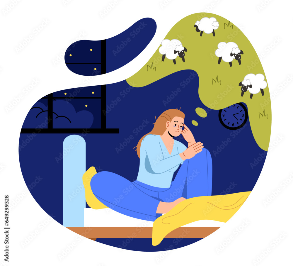 Woman with insomnia concept. Young girl sitting at night at bed and ...