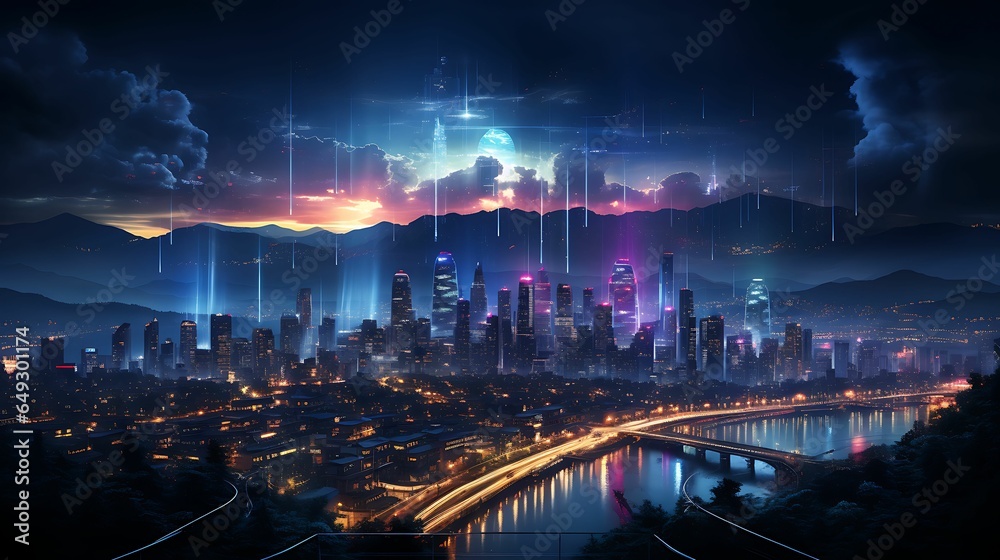 A city skyline at night, with digital overlays indicating real estate ...