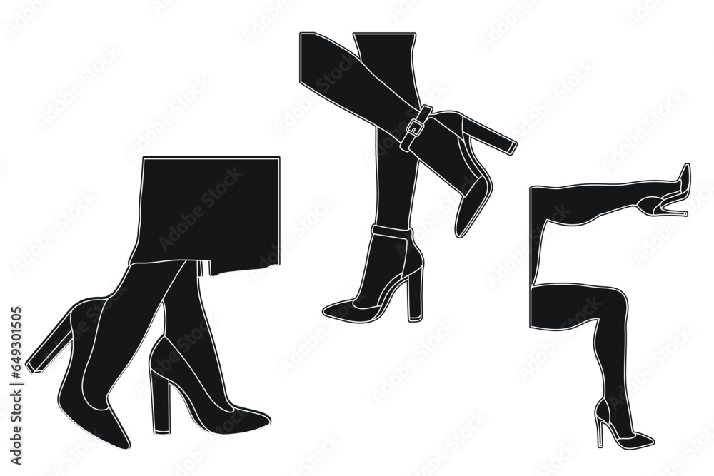 Line art silhouette outline of female legs in a pose. Shoes stilettos ...