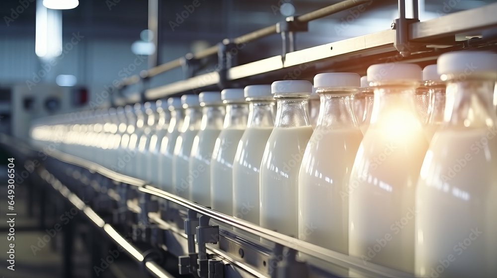 Milk bottles filling line in a dairy product factory plant Stock Photo ...