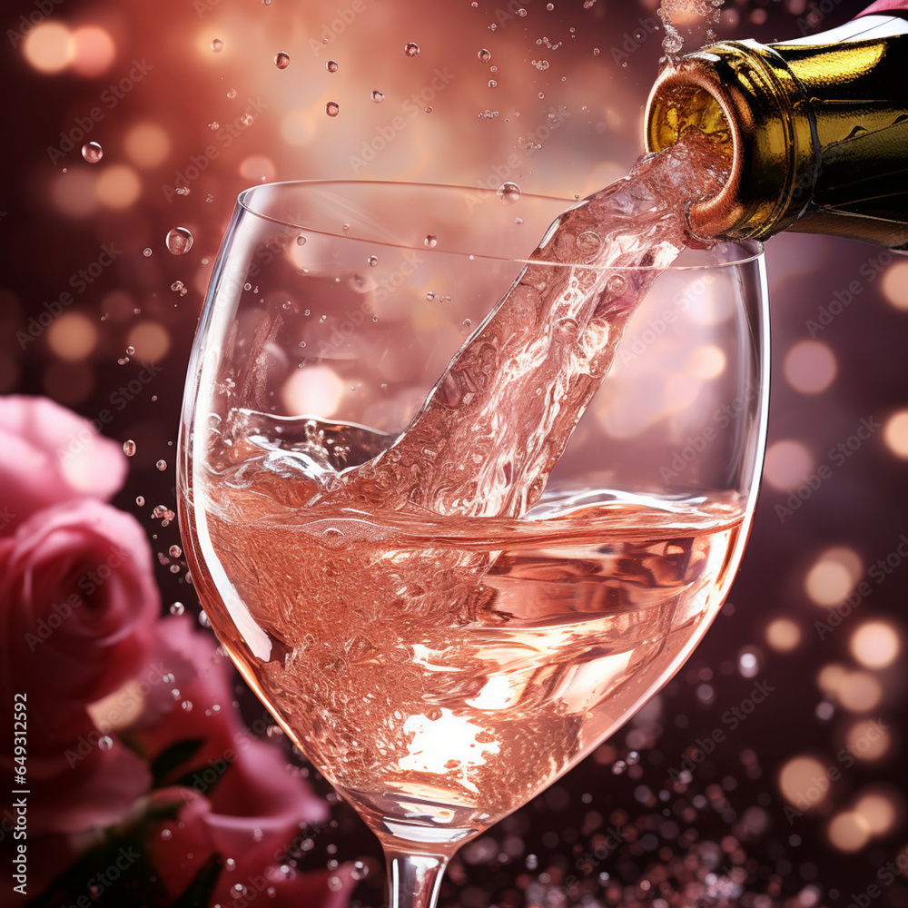 Fotografia de copa de vino rosado, con botella vertiendo el liquido, y ...